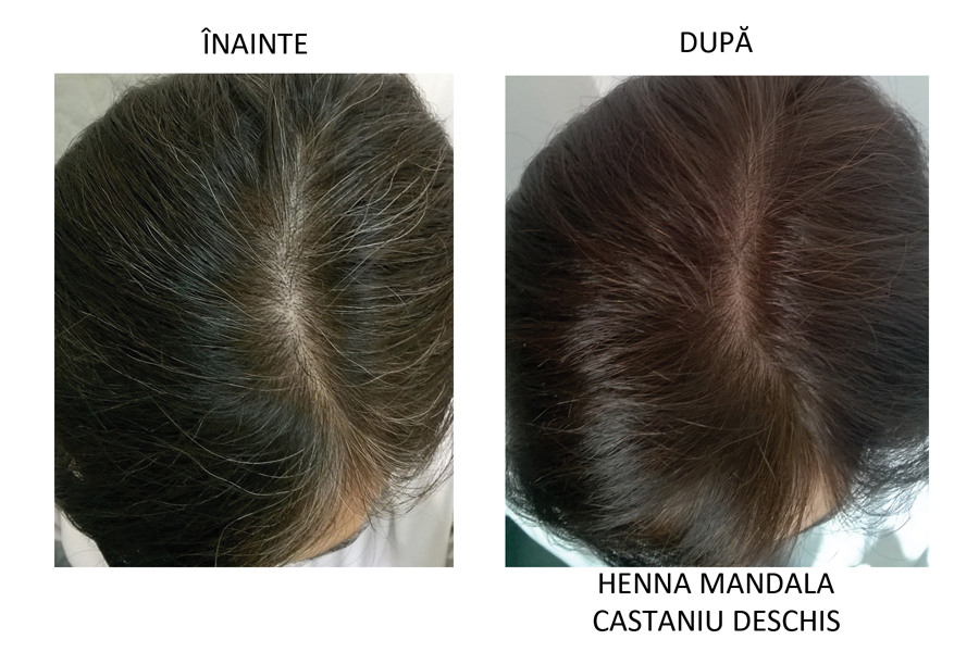 Poze înainte/după Henna Mandala pe păr natural, alb sau vopsit chimic